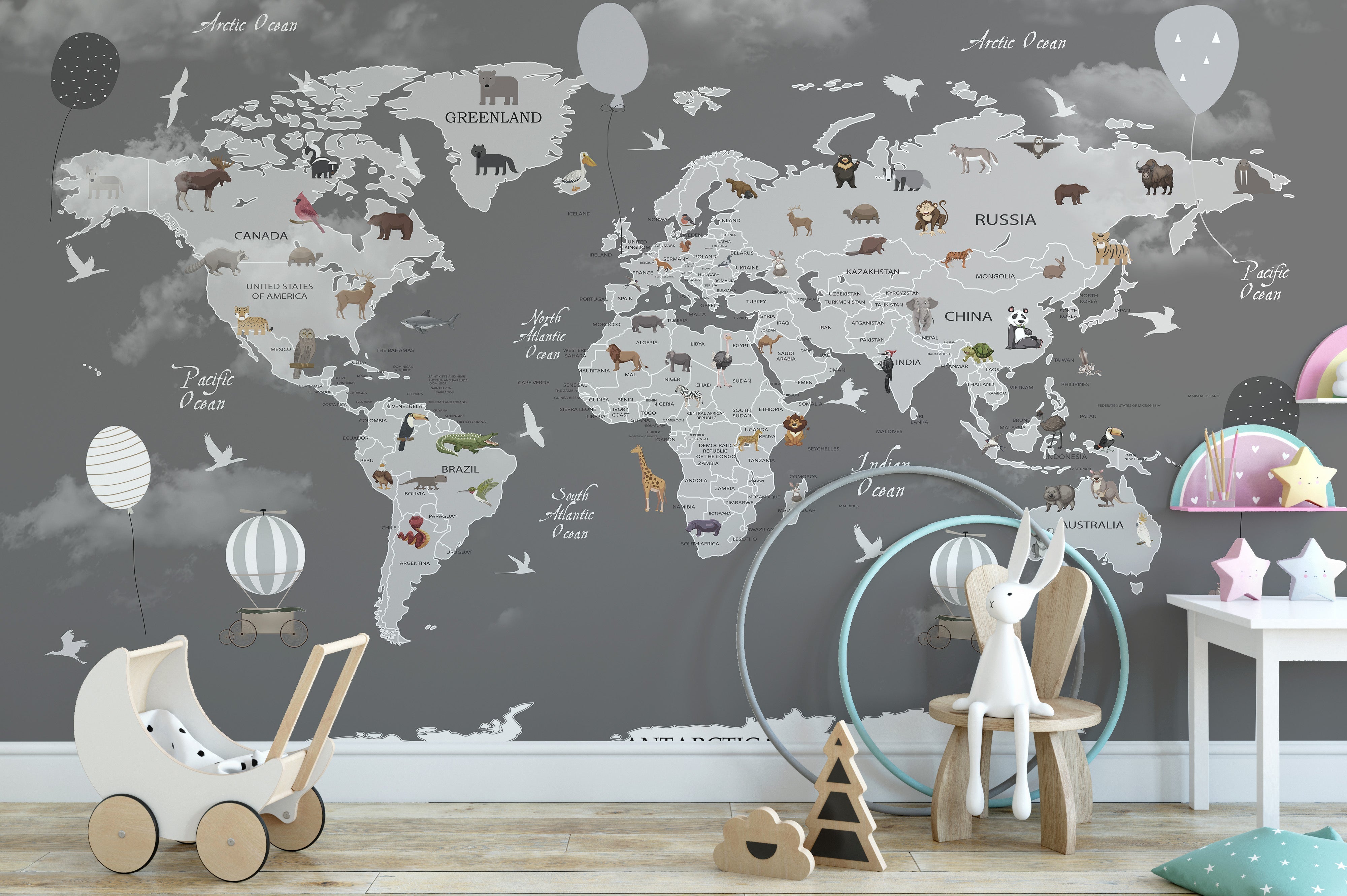 Animals Kids Room Dark Color World Map Wallpaper Wall Murals